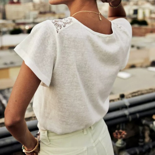 T Shirt Freeman T Porter Tassy blanc effet lin et dentelle